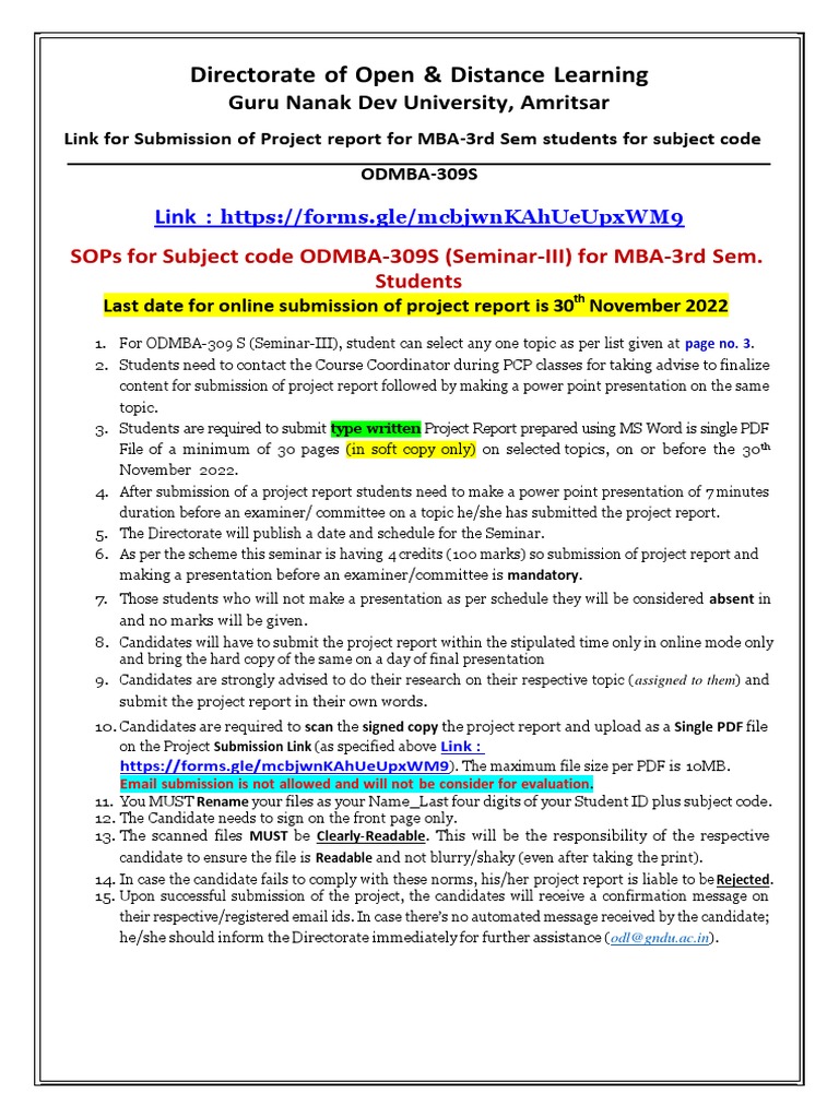 MBA Project Submission Guidelines ODMBA-309S | PDF | Communication