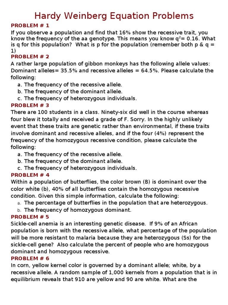Hardy Weinberg Problems | PDF | Zygosity | Dominance (Genetics)