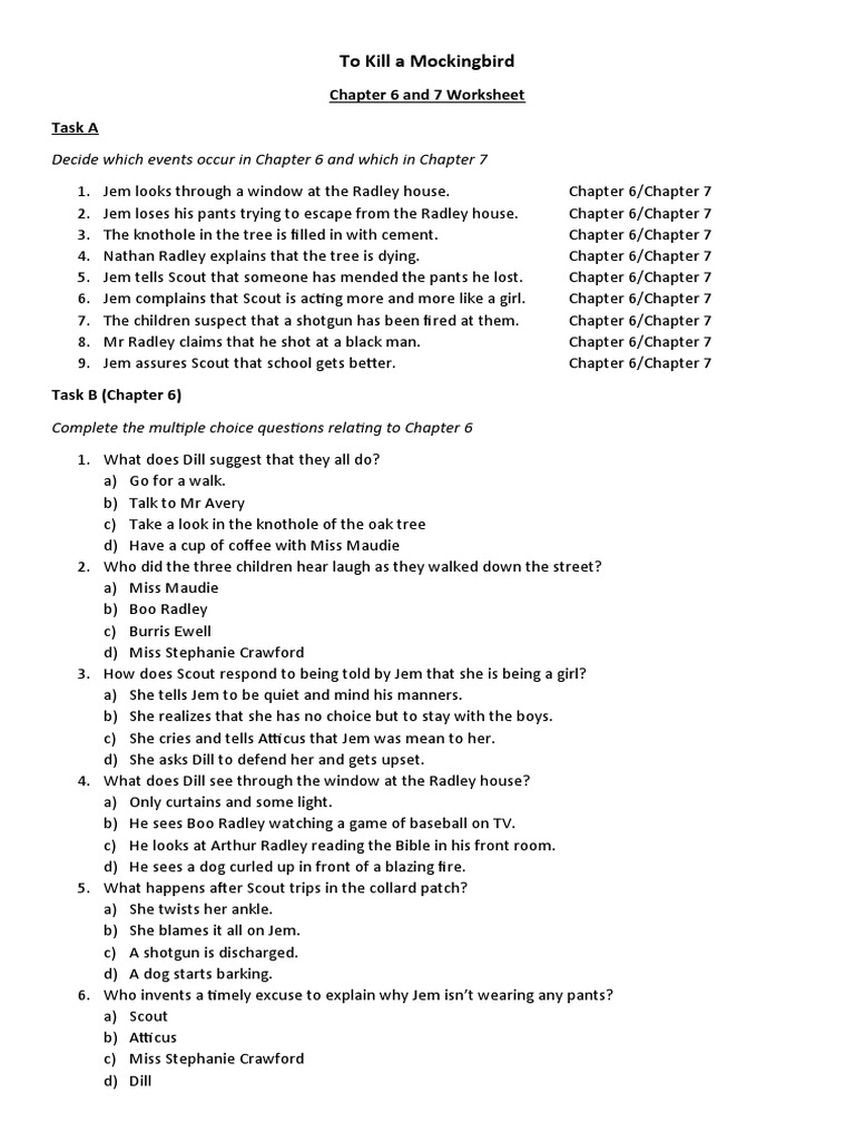 TKAMChapter Six Seven Worksheet | PDF | To Kill A Mockingbird