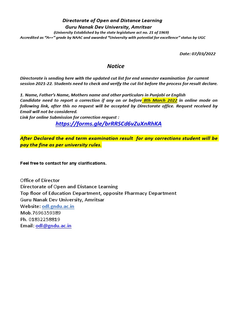 GNDU ODL Exam Cut List Notice | PDF