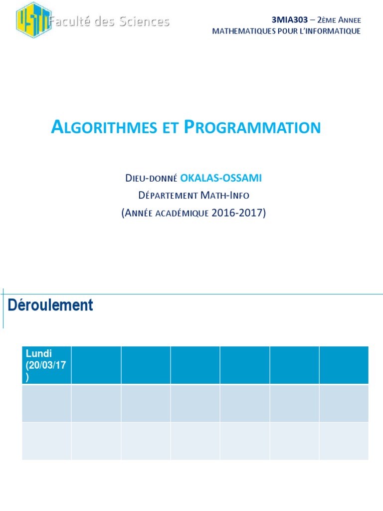 Cours - USTM - 2017 Programmation Et Algorithmique | PDF | Java ...