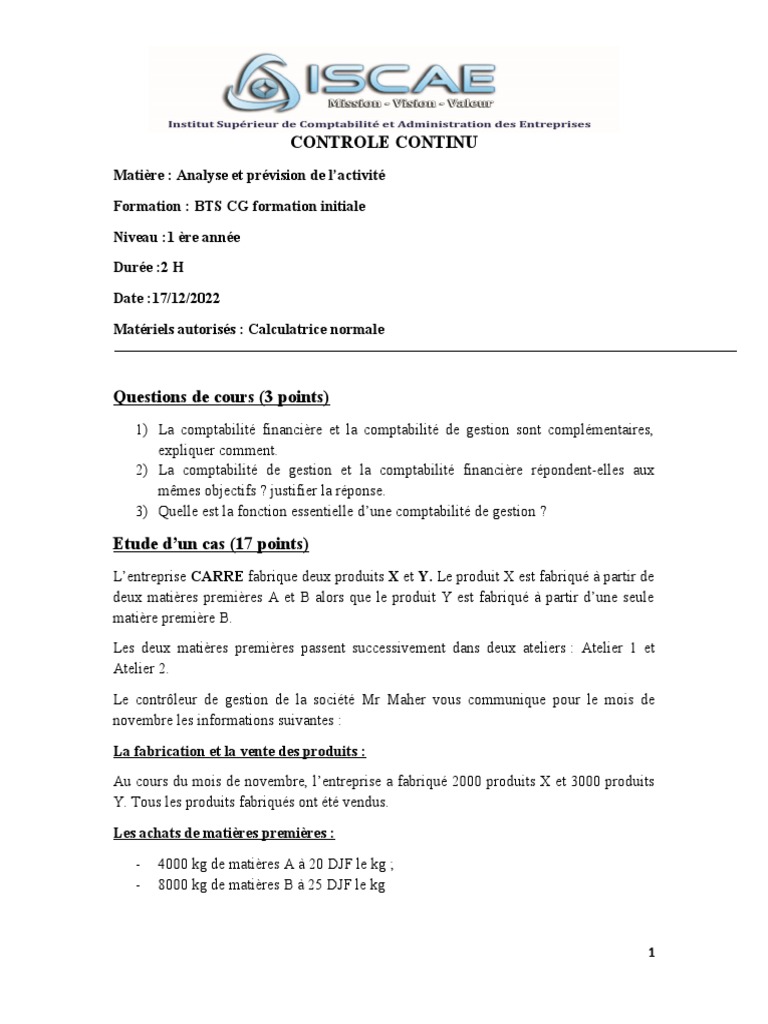 Controle Continu Apa CG 1 Fi | PDF | Comptabilité analytique | Économie