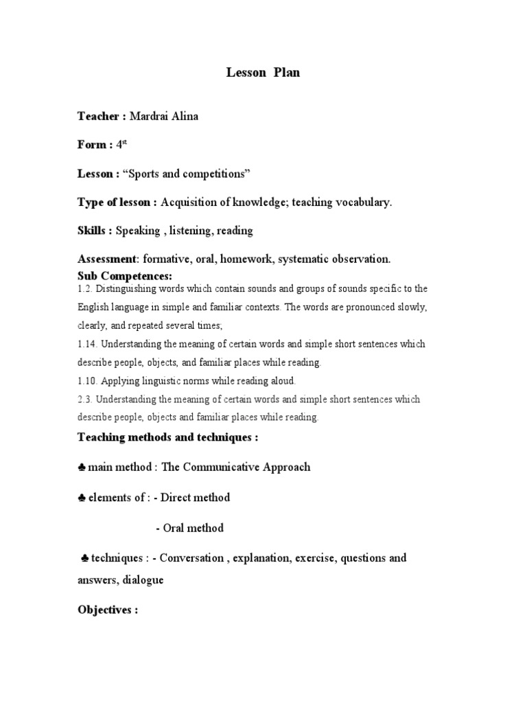 Sports Lesson Plan for 4th Form Students | PDF | Teaching Method ...