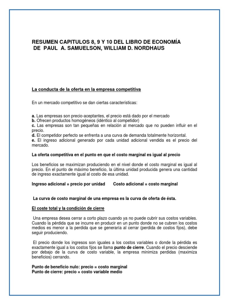 Resumen de Capitulos 7,8,9,10 de Paul Samuelson | PDF | Monopolio | Mercado (economía)
