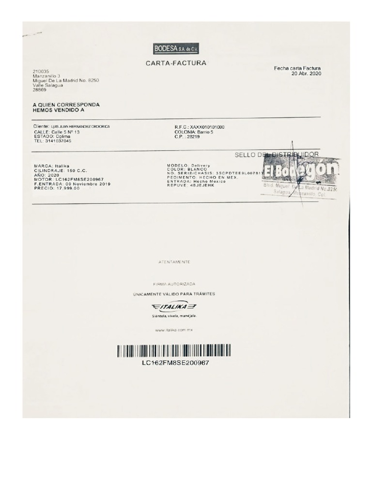 Carta Factura Italika 150 | PDF