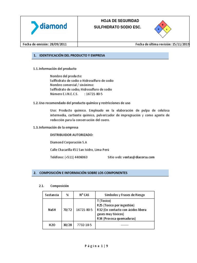 Hoja de seguridad para sulfhidrato de sodio: Identificación de peligros y medidas de protección ...