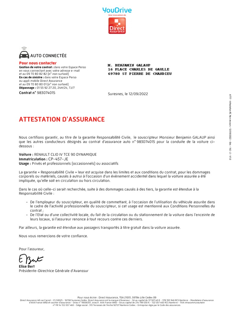 Attestation de Responsabilité Civile Auto | PDF | Assurance | Véhicules