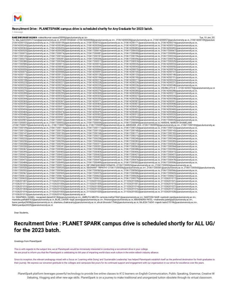 Gmail - Recruitment Drive - PLANETSPARK Campus Drive Is Scheduled Shorlty For Any Graduate For ...