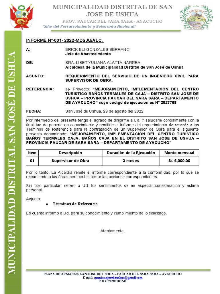 INFORME N°001 Req. Residente Obra | PDF | Gobierno