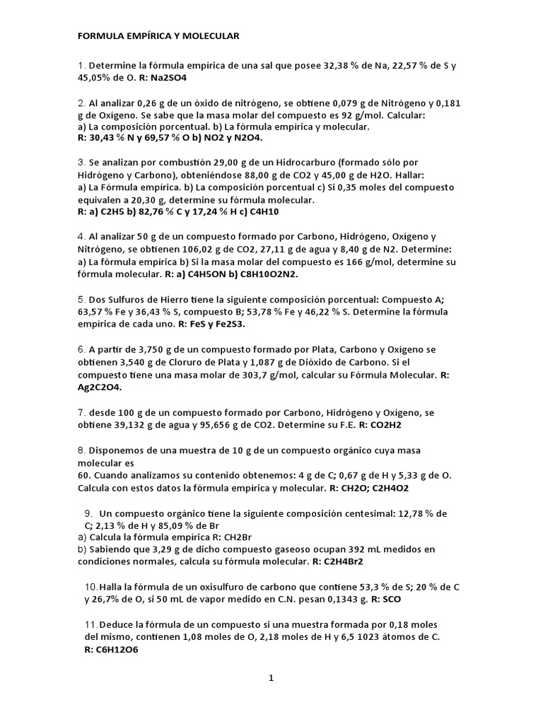 Formula Empirica y Molecular | PDF | Oxígeno | Gases