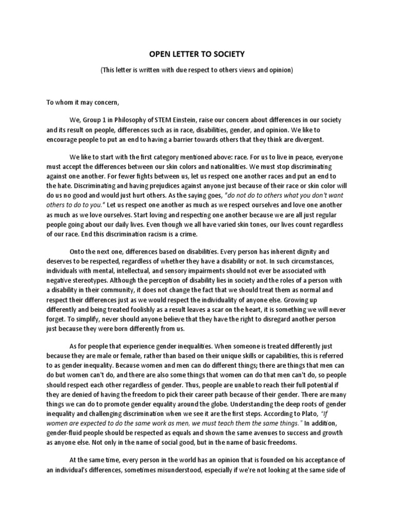 Open Letter Encourages Acceptance of Differences | PDF | Disability ...