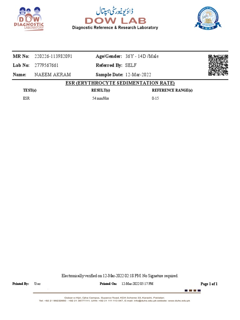 Esr (Erythrocyte Sedimentation Rate) | PDF