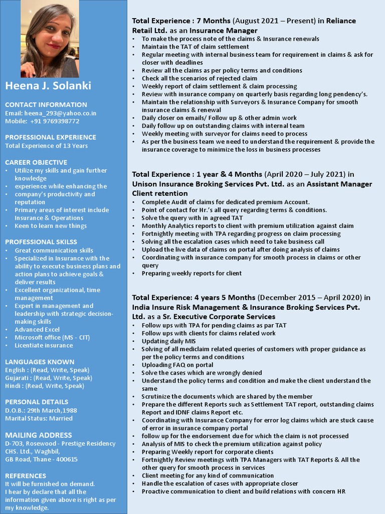 Resume - Heena Solanki | PDF | Insurance | Vehicle Insurance