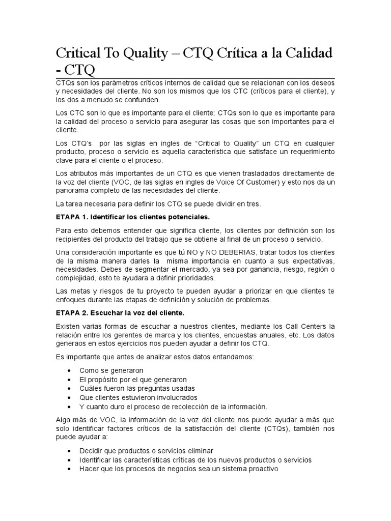 Definición de CTQs en Calidad | PDF | Cliente | Calidad (comercial)