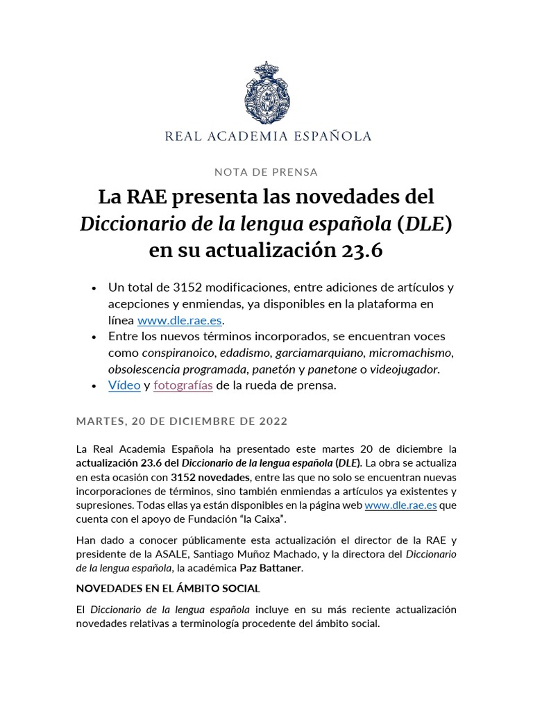 NDP - RAE - Actualización 23.6 Del Diccionario de La Lengua Española | PDF