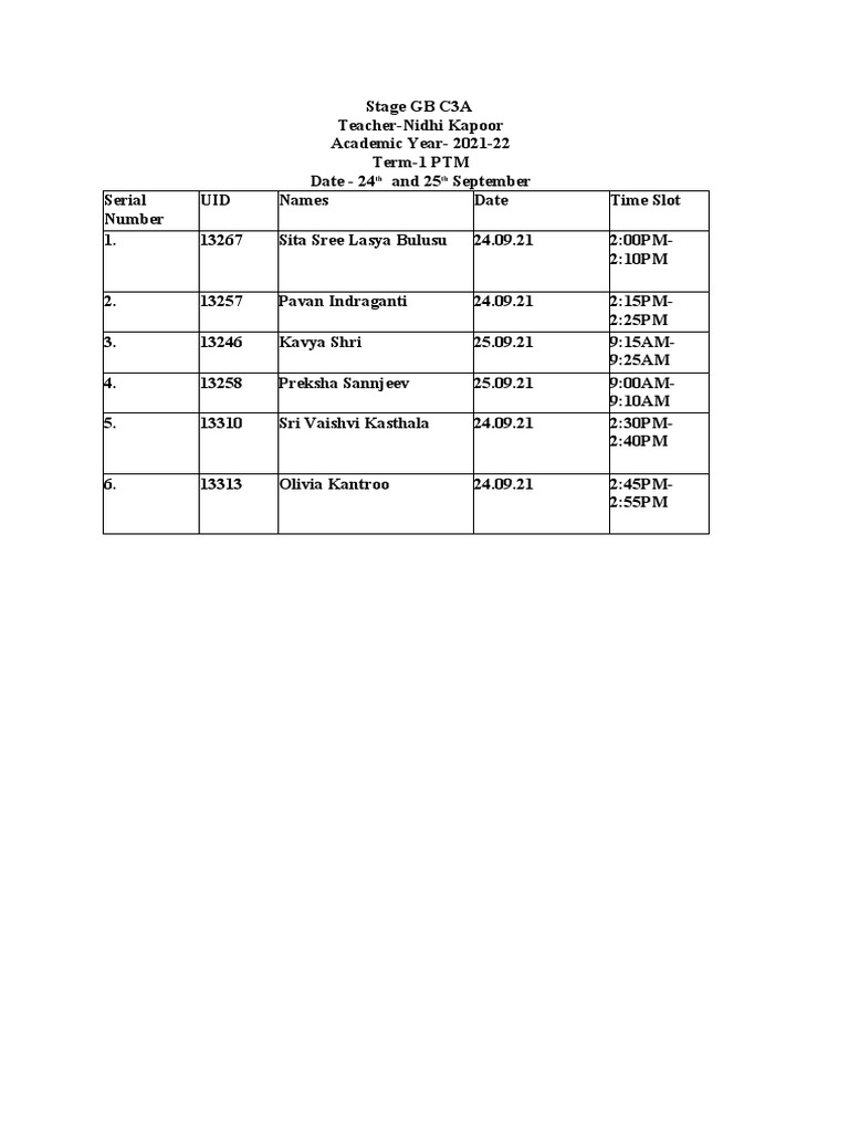 Time Slots For Term-1 PTM | PDF