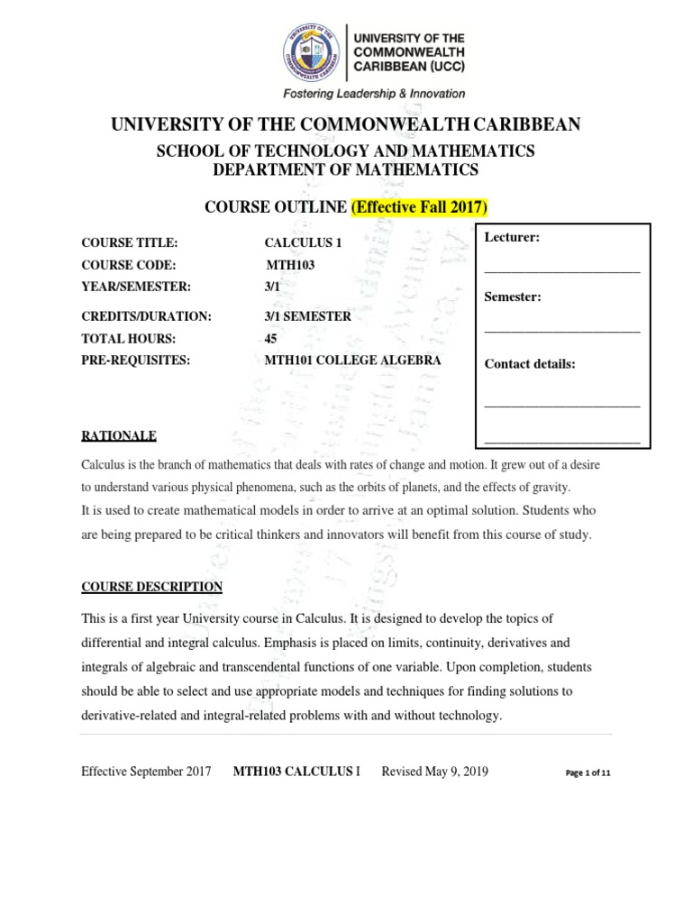 MTH 103 Calculus One Course Outline - Revised April 15-2018 | PDF | Function (Mathematics ...