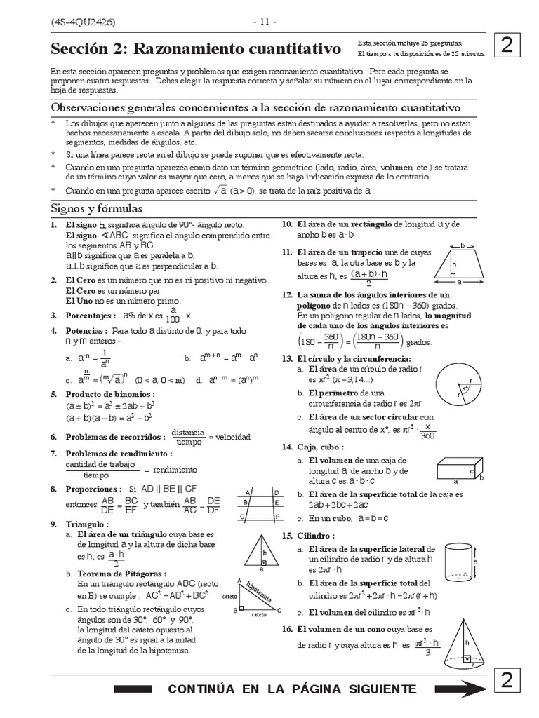 Razonamiento cuantitativo: Observaciones generales y fórmulas matemáticas clave | PDF ...