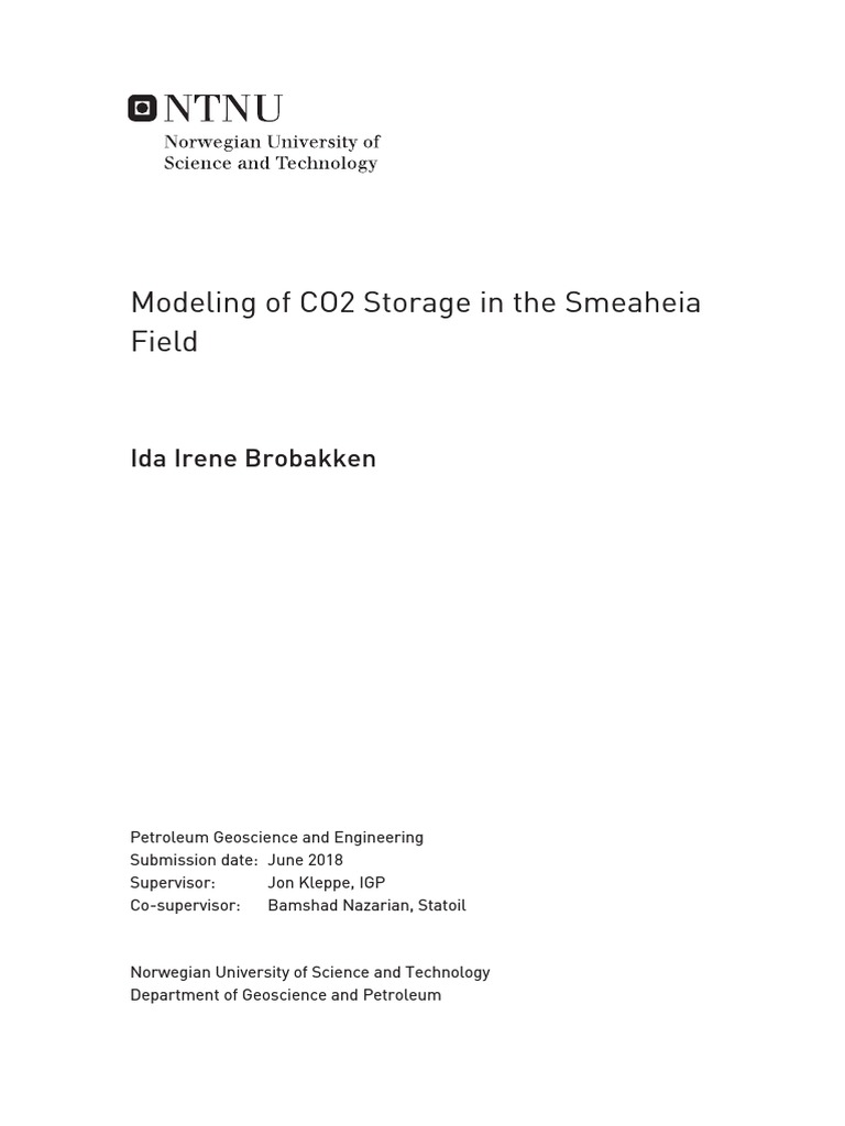 Modeling of CO2 Storage in The SmeaheiaField Ida Irene Brobakken | PDF | Carbon Capture And ...