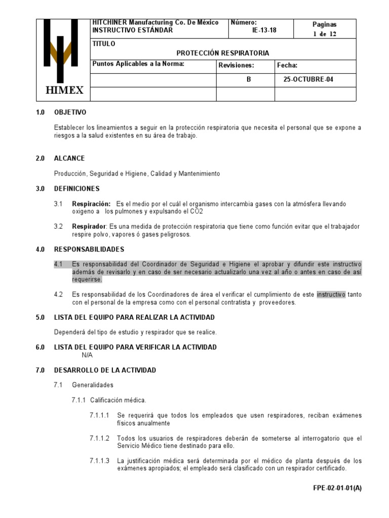 Ie 13 18 Protecci N Respiratoria | PDF | Seguridad y salud ocupacional | Oxígeno