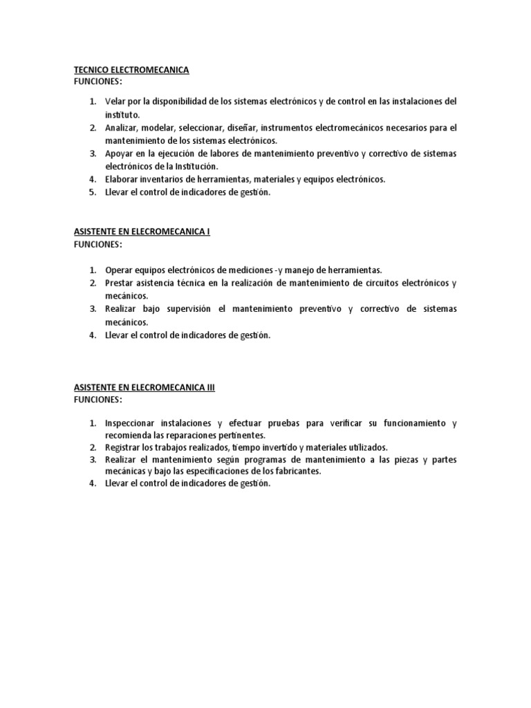 Funciones Asistente y Tecnico Electromecanica | PDF