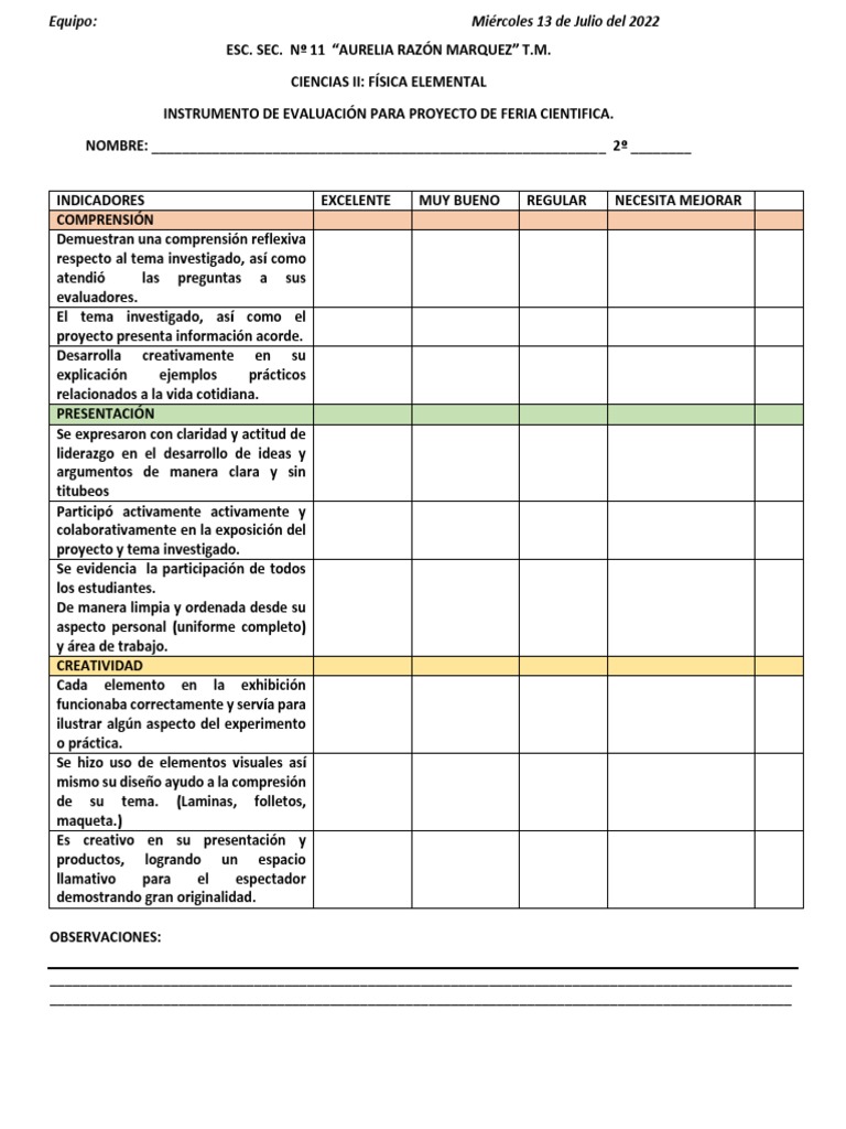 Rubrica para Evaluacion de Feria de Ciencias | PDF