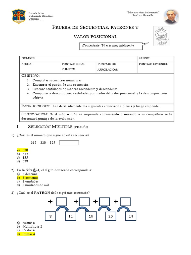Prueba Secuencias, Patrones y Valor Posicional - Respuestas | PDF