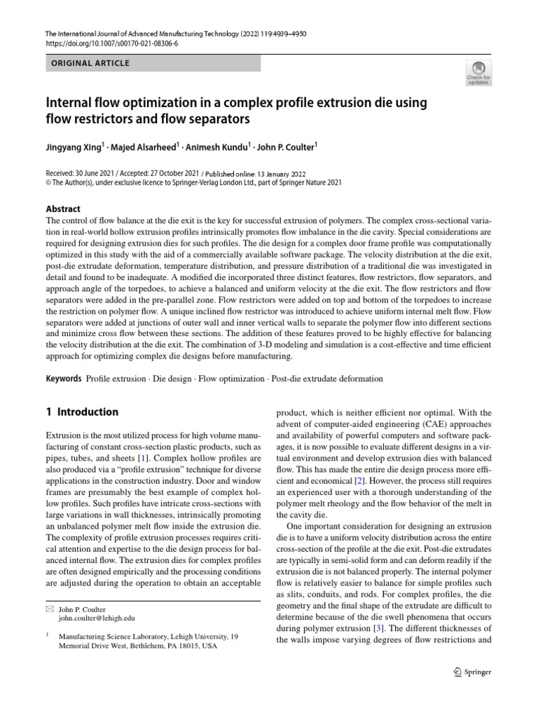 Internal Flow Optimization in A Complex Profile Extrusion Die Using ...