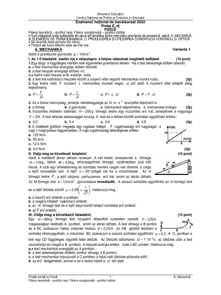 E D Fizica Teoretic Vocational 2022 Var 01 LMA | PDF