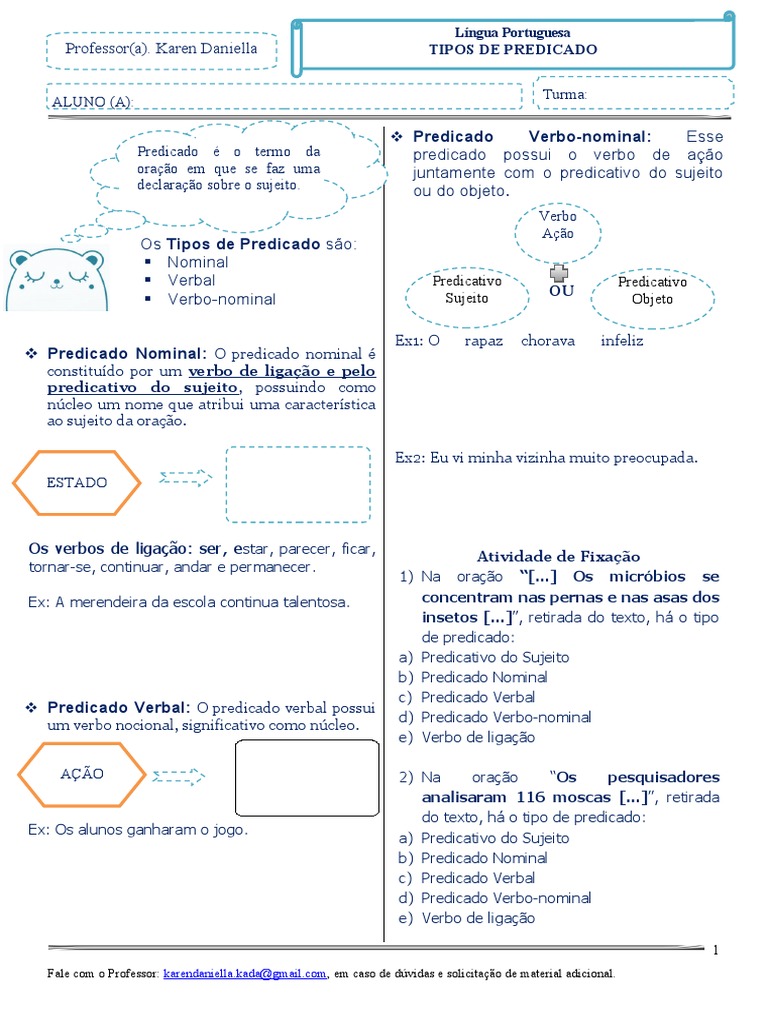 Atividades sobre Tipos de Predicado | PDF | Predicado (gramática ...