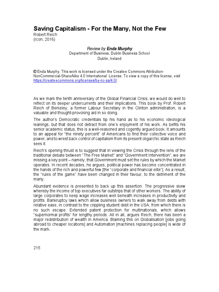 Saving Capitalism - For The Many Not The Few | PDF | Capitalism | Economies