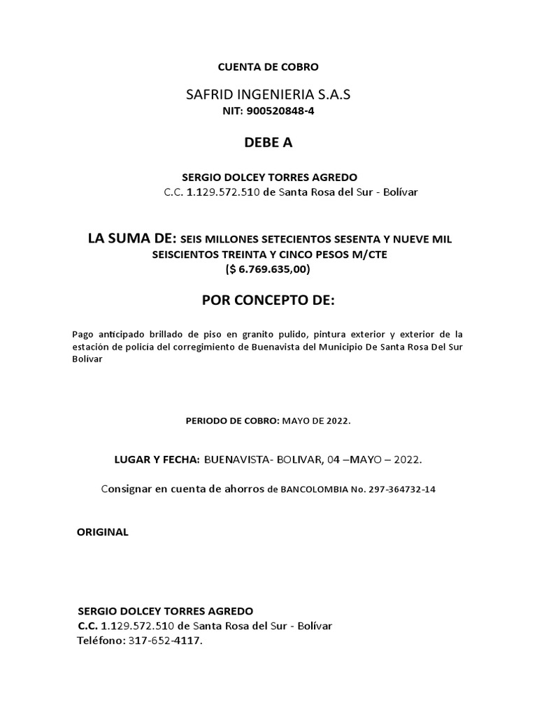 Cuenta de Cobro Anticipo Safrid Ingeniería | PDF
