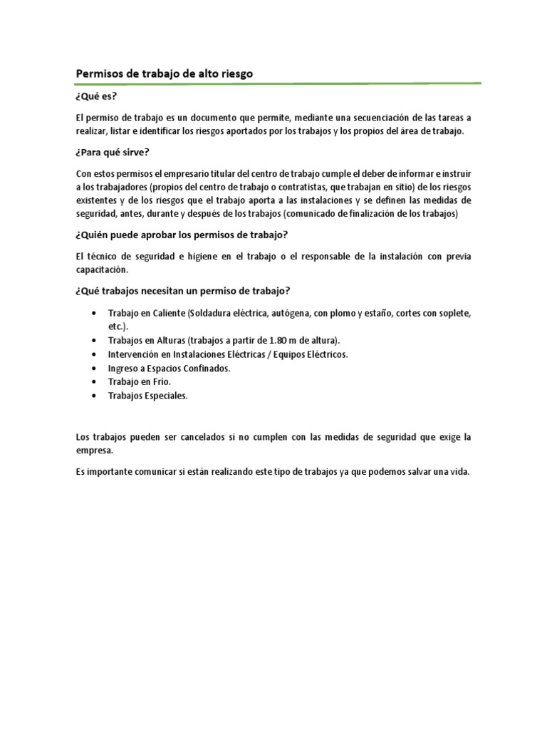 Permisos para Trabajos de Alto Riesgo | PDF