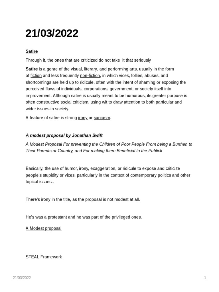 Satire: A Modest Proposal by Jonathan Swift | PDF