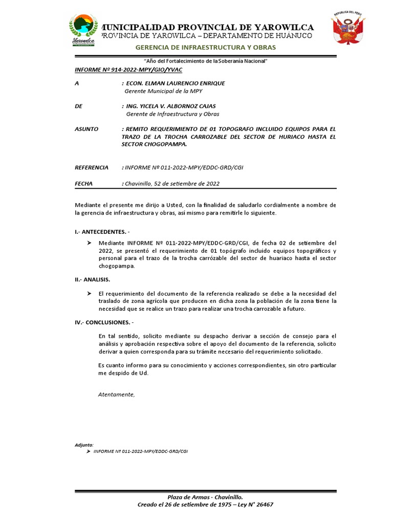 INFORME N°914 - REMITO Remito REQUERIMIENTO DE 01 TOPOGRAFO INCLUIDO ...