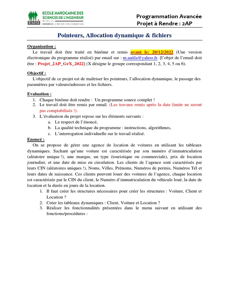 Projet de Programmation Avancée 2AP | PDF | Pointeur (programmation) | Informatique