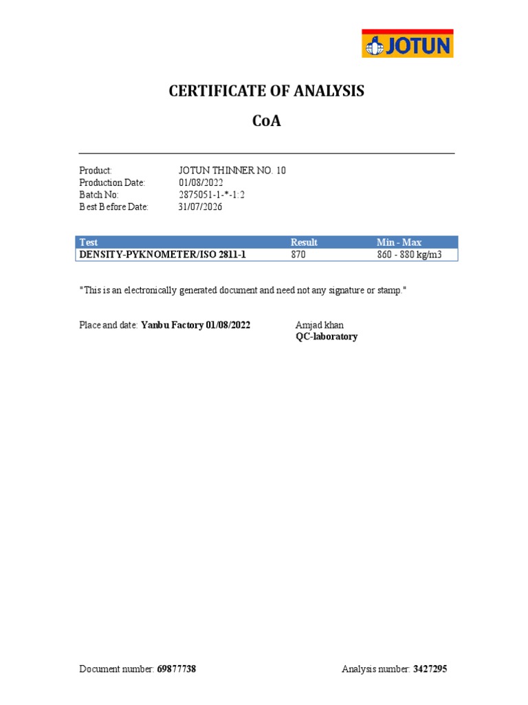 Certificate of Analysis CoA for JOTUN THINNER NO. 10 Batch 2875051-1-*-1:2 | PDF