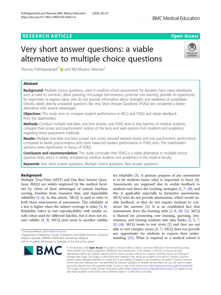 Very Short Answer Questions A Viable Alternative To Multiple Choice Questions | PDF | Multiple ...