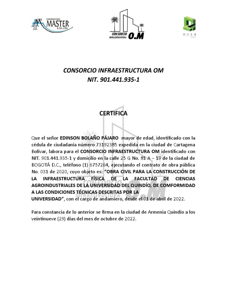 Certificado Laboral Edinson Bolaño Pajaro CORR | PDF