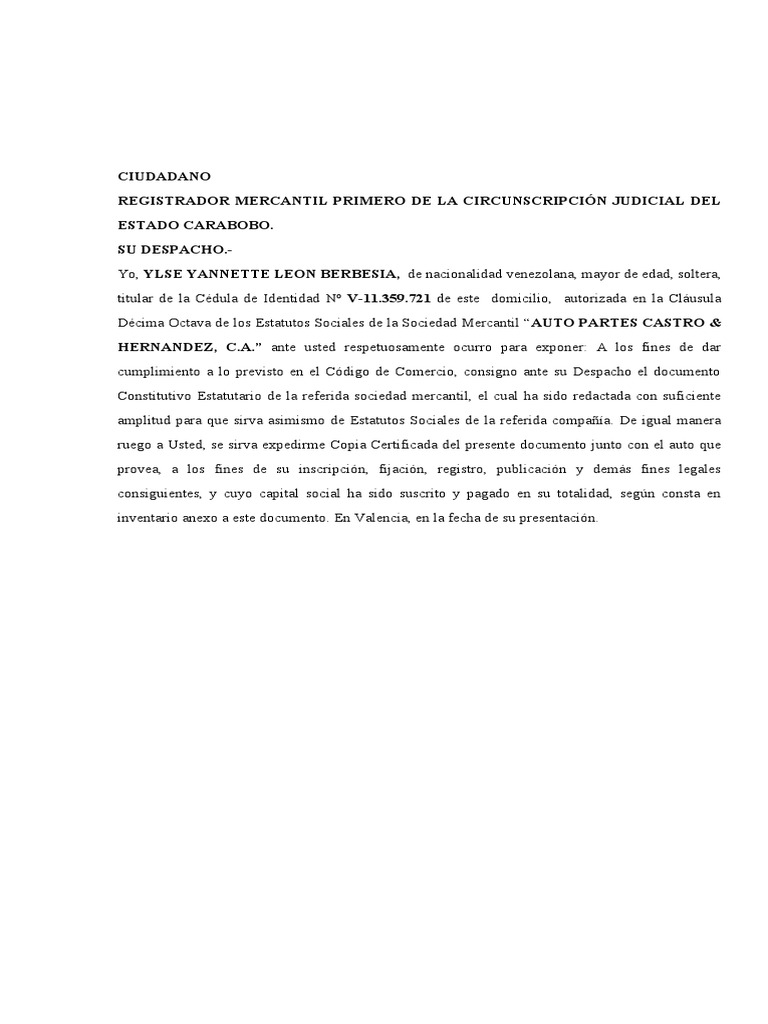 Acta Cons - Auto Partes Castro & Hernandez C.A. 12-08-09 | Descargar ...