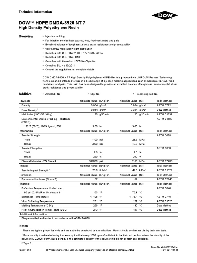 Hdpe Dmda-8920 NT 7 Dow | PDF | Heart | Medical Device