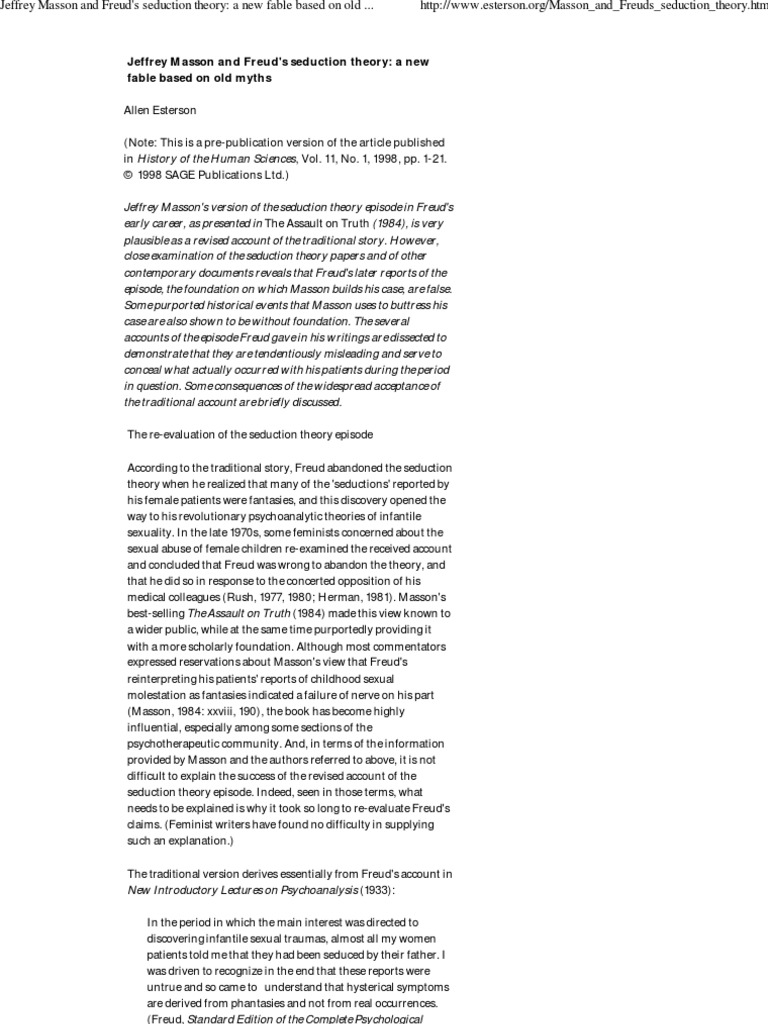 Allen Esterson-Jeffrey Masson and Freud's Seduction Theory | PDF ...