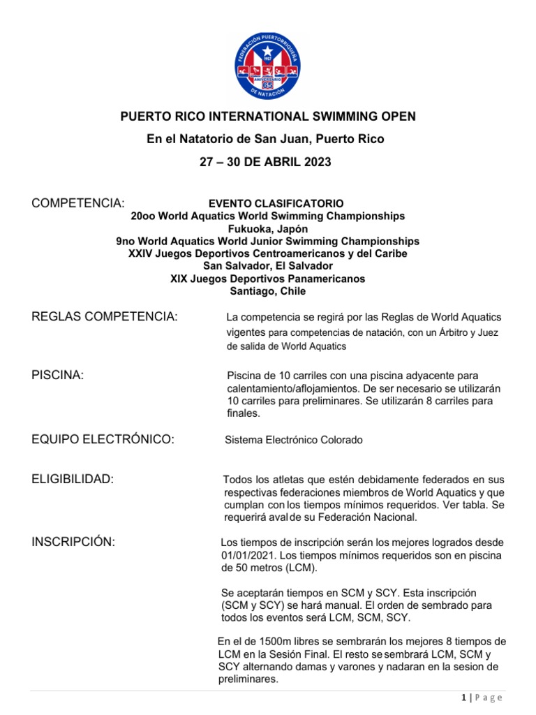 PUERTO RICO INTERNATIONAL SWIMMING OPEN (CONVOCATORIA) Español 2023 50m ...