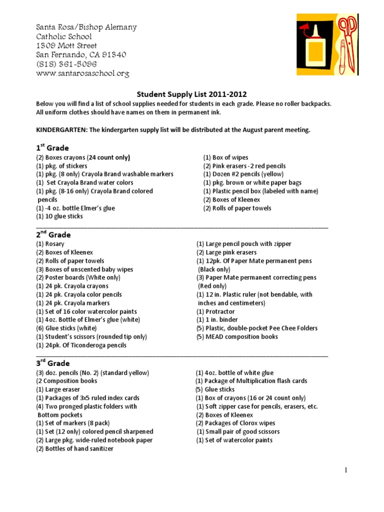 Student Supply List 2011 | PDF | Pencil | Notebook