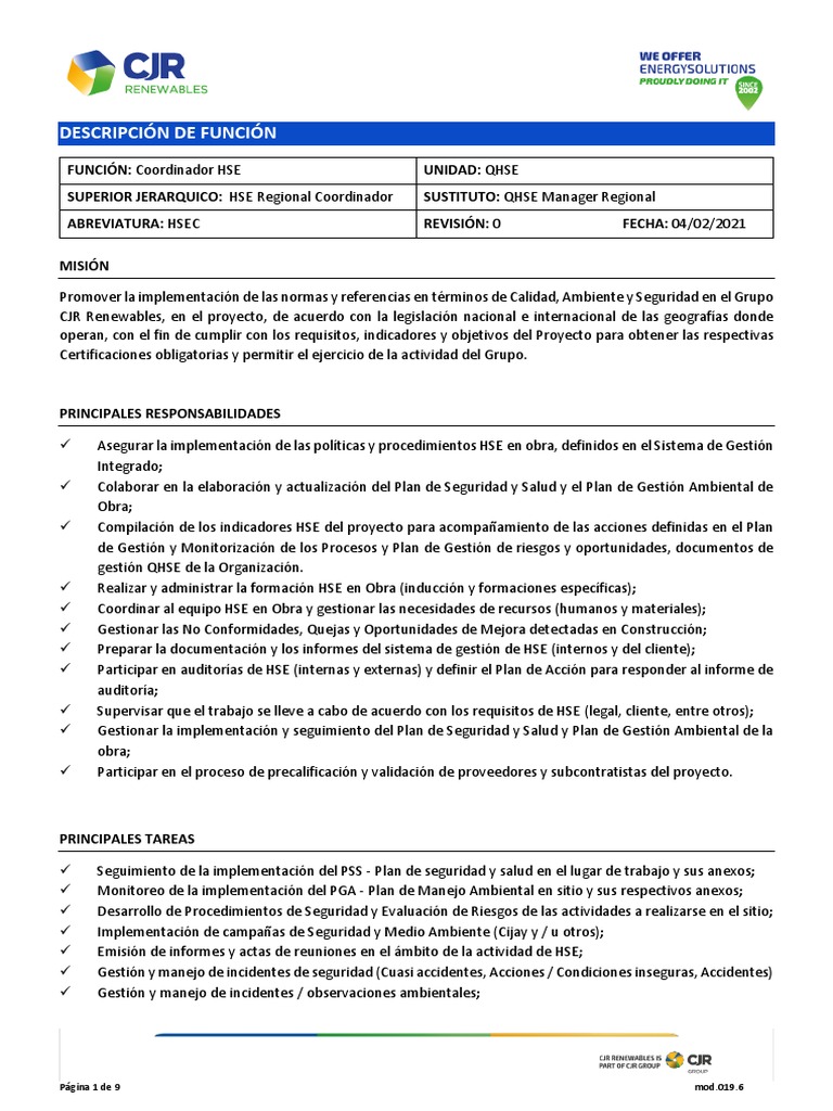 Anexo 4. Perfil de cargo Coordinador HSE | PDF | Calidad (comercial) | Sistema de manejo de calidad
