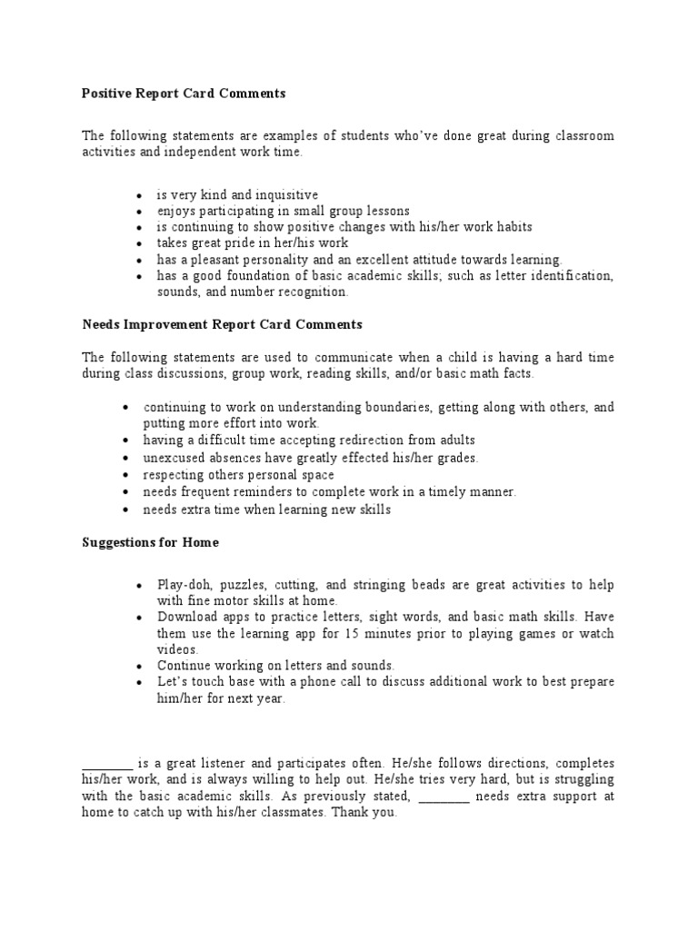 Comments and Suggestions For Report Cards | PDF | Motivational | Motivation