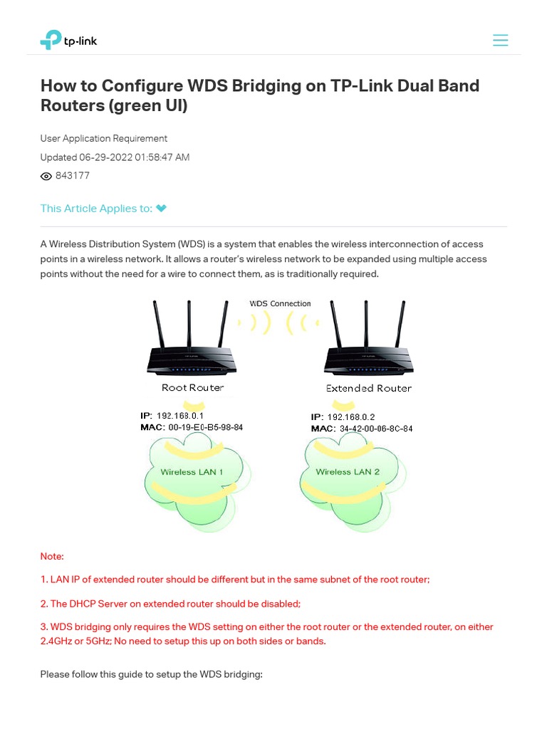 How To Configure WDS Bridging On TP-Link Dual Band Routers (Green UI ...