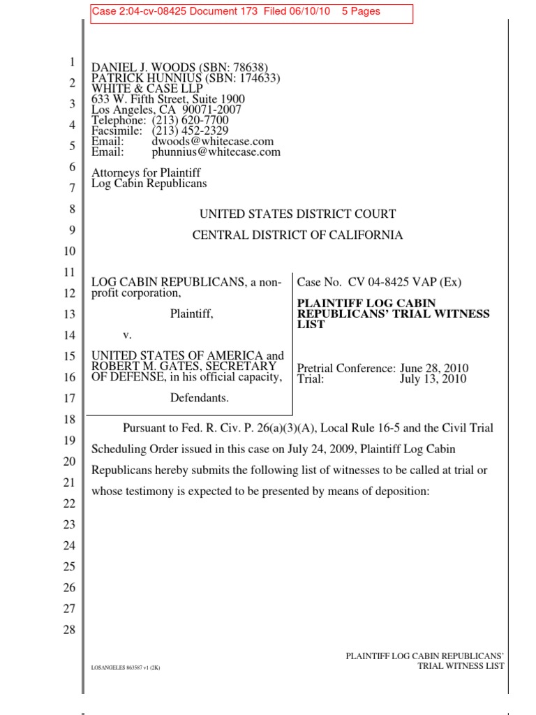 Plaintiff Log Cabin Republicans' Trial Witness List | PDF | Deposition ...