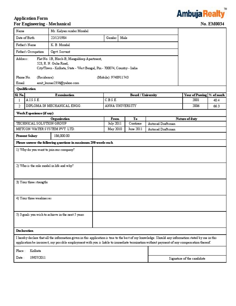 Mechanical Engineering Application Form | PDF | Business | Technology ...