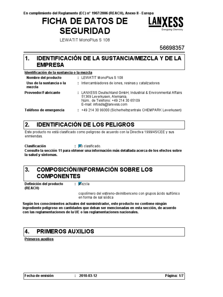 Ficha de Seguridad LEWATIT MonoPlus S 108 | PDF | Residuos | Agua